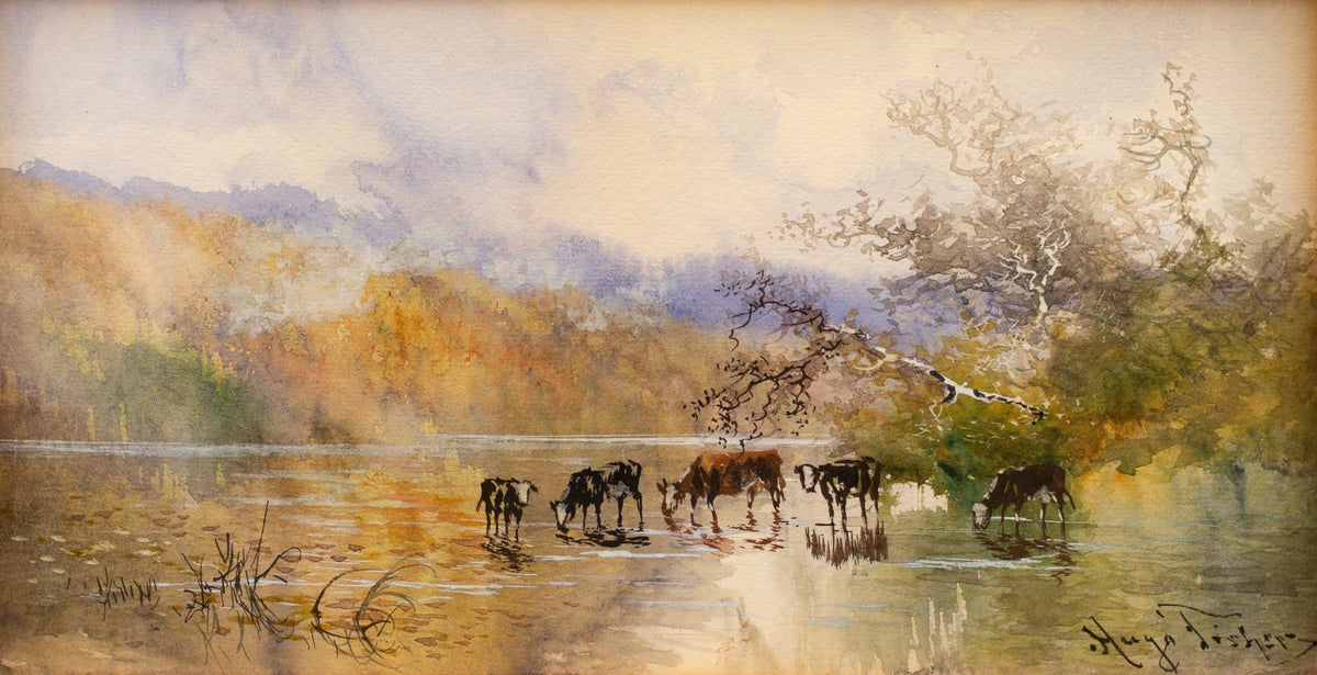 Hugo Anton Fisher - Landscape View With Cows Drinking Water ...